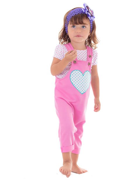 OVEROL CON APLIQUE DE CORAZON ESTAPADO CONTRASTE CON BLUSA ROSADO 12M ...